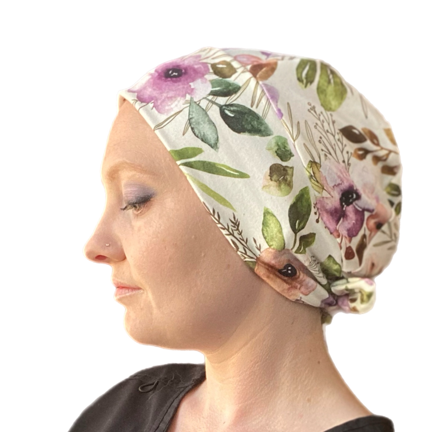 Multi-way Bow Stretchy Scrub Cap, Watercolor Purple Flower Scrub Nurse ...